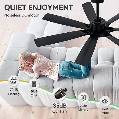 60-Inch Ceiling fan, 3-color light, 7 ABS blades, DC motor, 6-speed ...