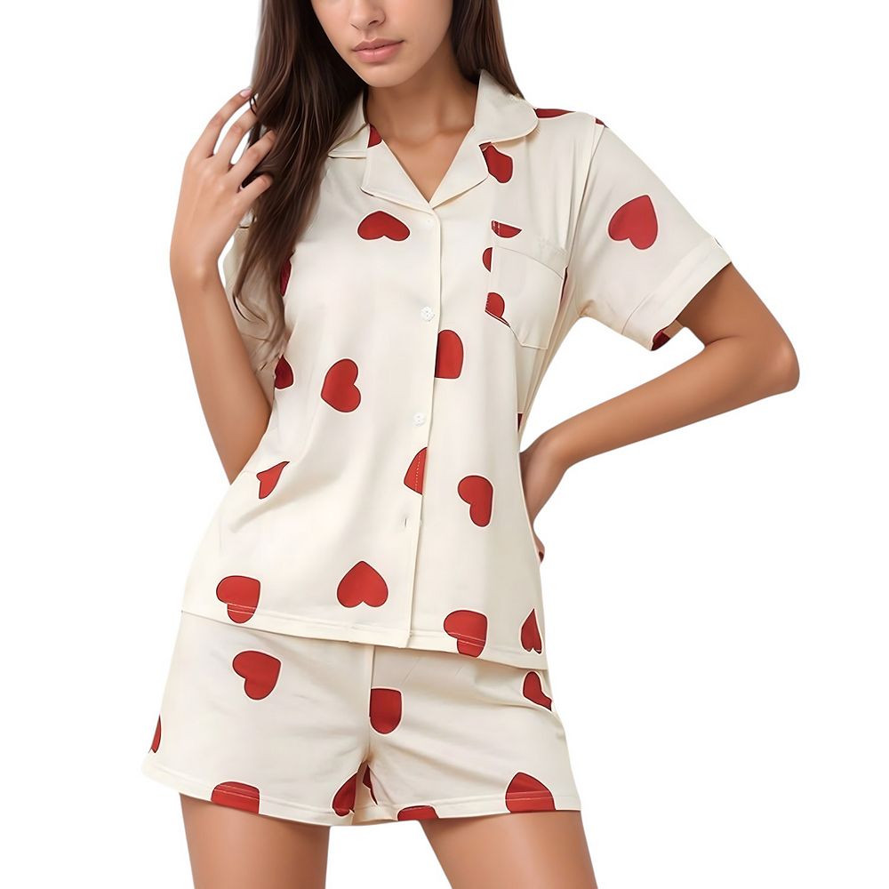 Women's Heart Print Short Sleeve Pajama Set with Chest Pocket and ...