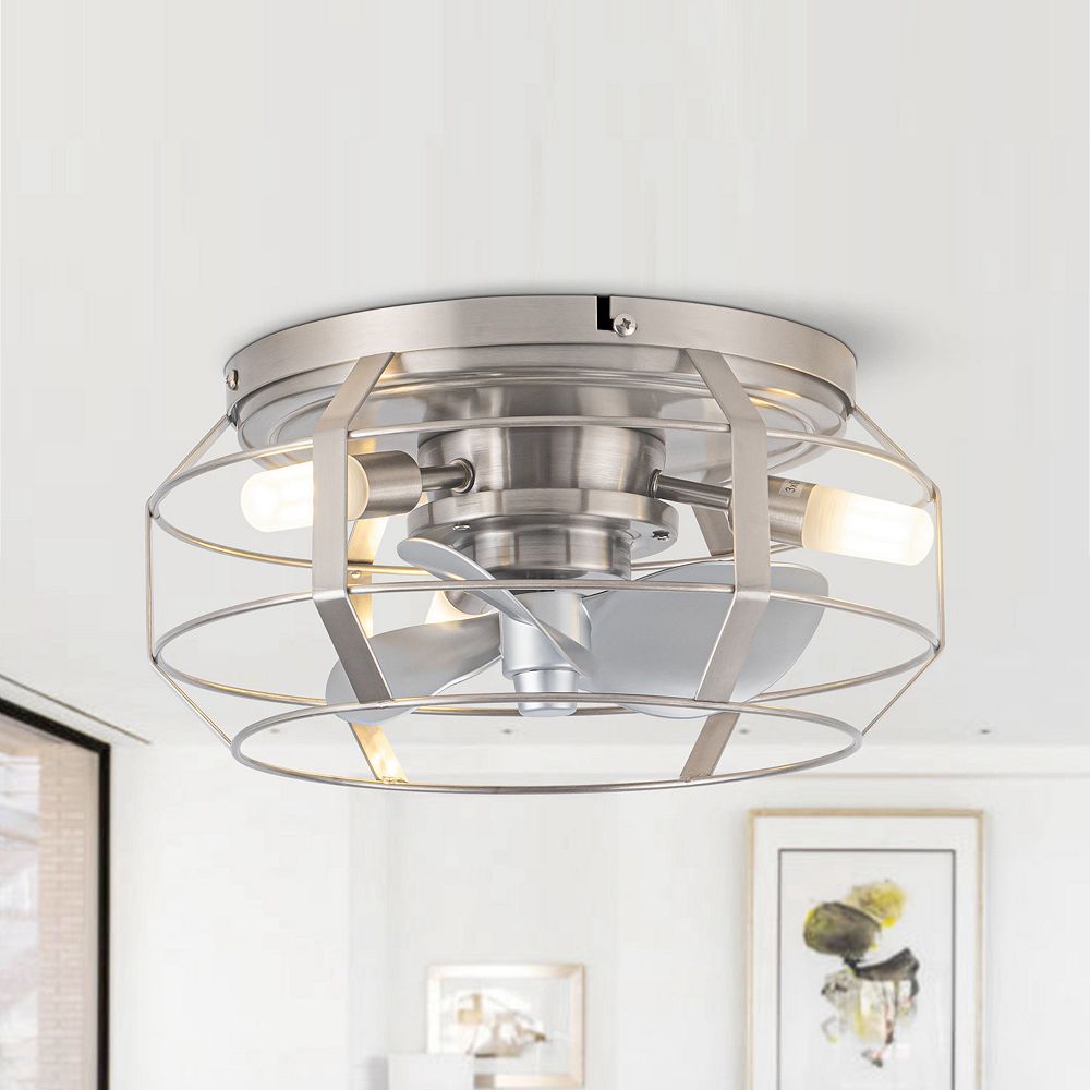 12" Industrial Caged Flush Mount Ceiling Fan with Lights and Remote