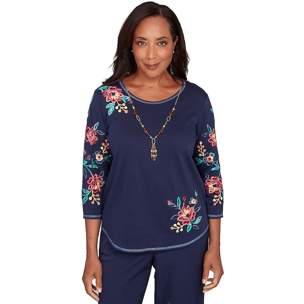 Petite Alfred Dunner Embroidered Sleeve Knit Top with Necklace