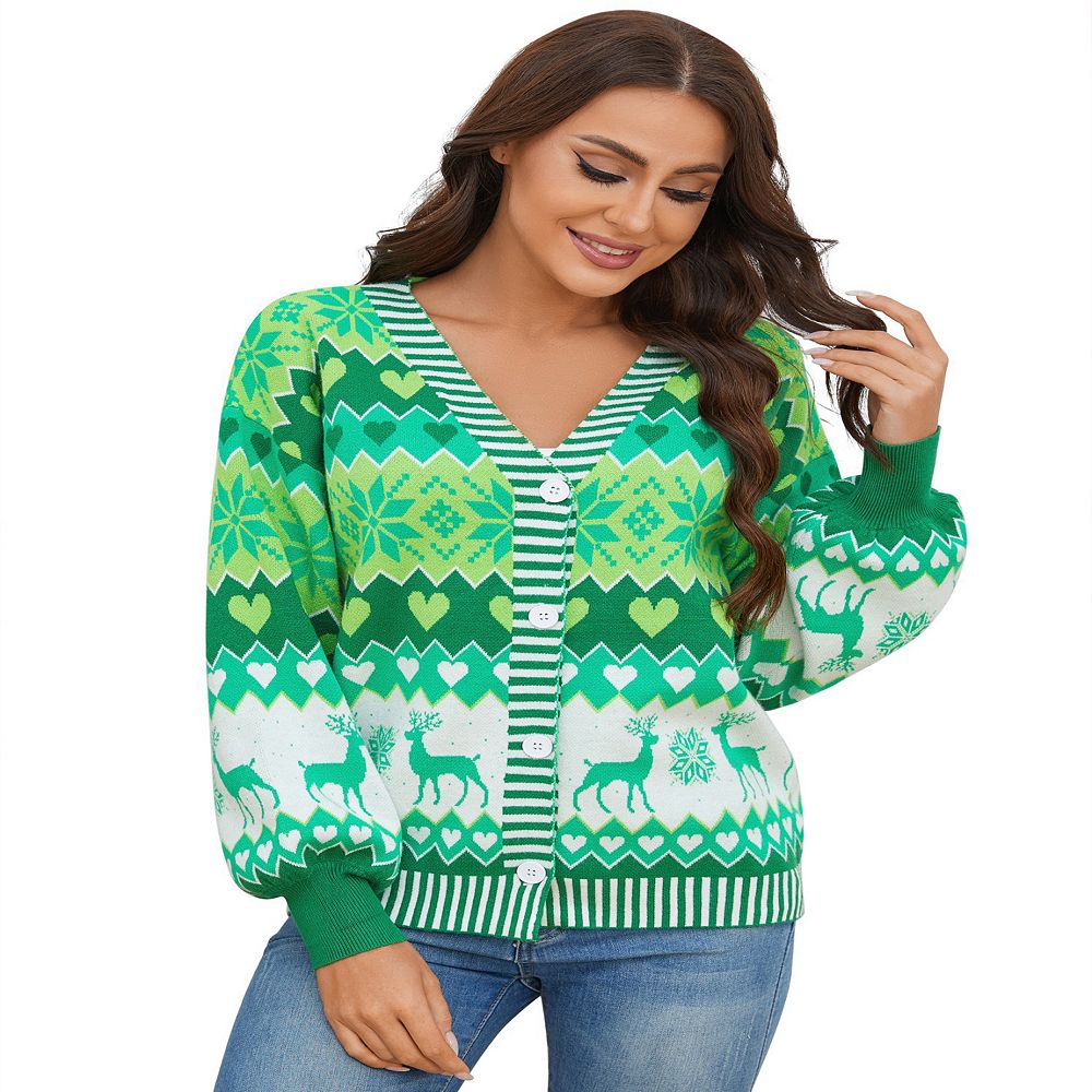 Women's Christmas Sweater Fun Pattern Cute Cardigan Winter Front Open ...