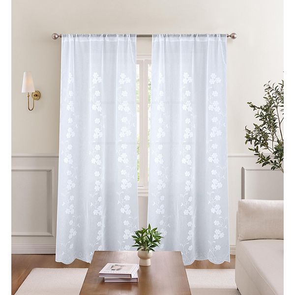 Laura Ashley Telford 2-Pack Embroidered Scalloped Window Curtain Panels