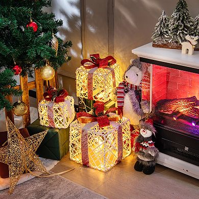 Costway Set of 3 Christmas Lighted Gift Boxes, Indoor Present Box ...