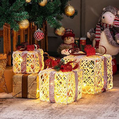 Costway Set of 3 Christmas Lighted Gift Boxes, Indoor Present Box ...