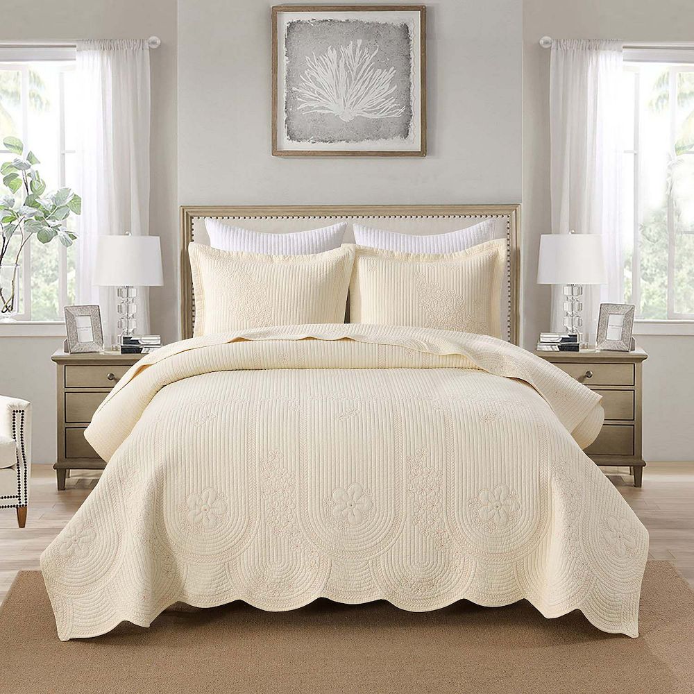Marcielo 3 Pcs 100% Cotton Embroidered Bedspread Set with Floral ...