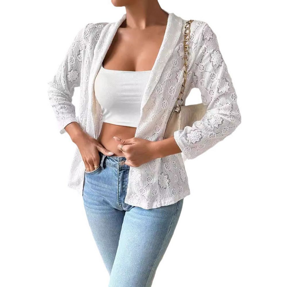 Women's Full Lace Blazer 3/4 Sleeve Notch Lapel Casual Jacket Cardigan