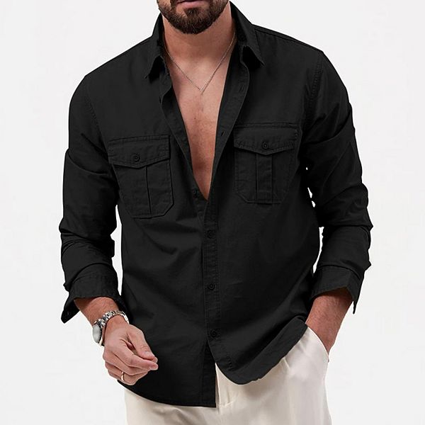 Men's Multi-Pocket Long Sleeve Shirt Casual Button-Down Utility Top