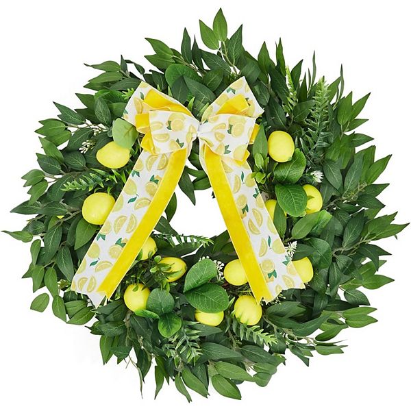 24" Artificial Lemon Wreath with Yellow Lemon & Bow, Greenery Leaves ...