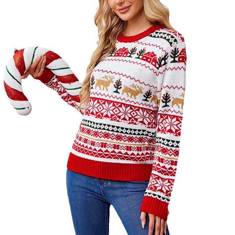 Women's Striped Snowflake Pattern Crew Neck Long Sleeve Knit Christmas ...