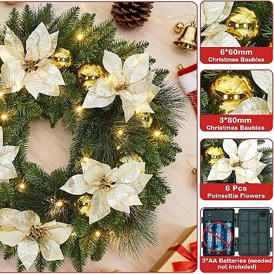 Pre-Lit Christmas Wreath with Poinsettia Flowers, LED Lights & Balls ...