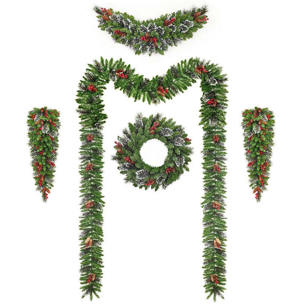 Wreath Set with Pre-Lit Warm White LED Lights, Flame Retardant PVC ...