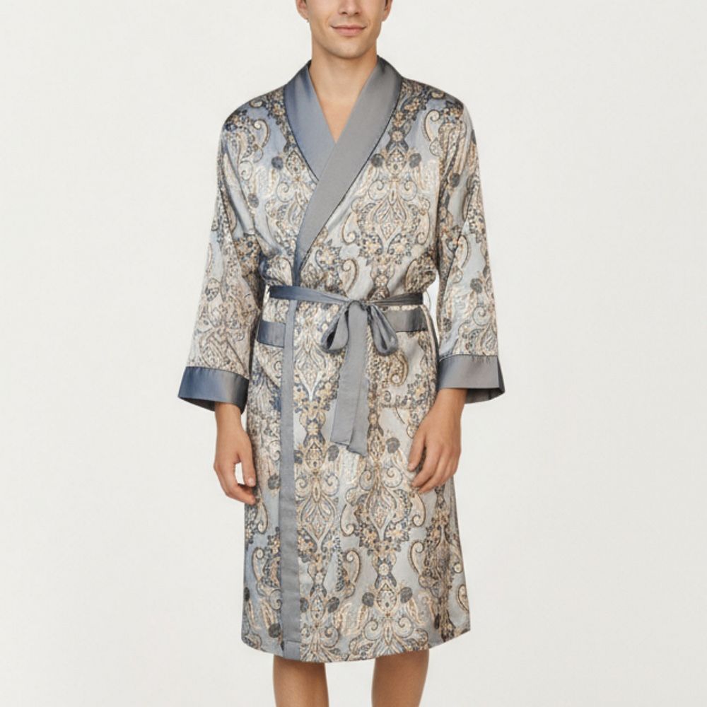 Men's Paisley Print Satin Robe with Contrast Trim Shawl Collar and ...