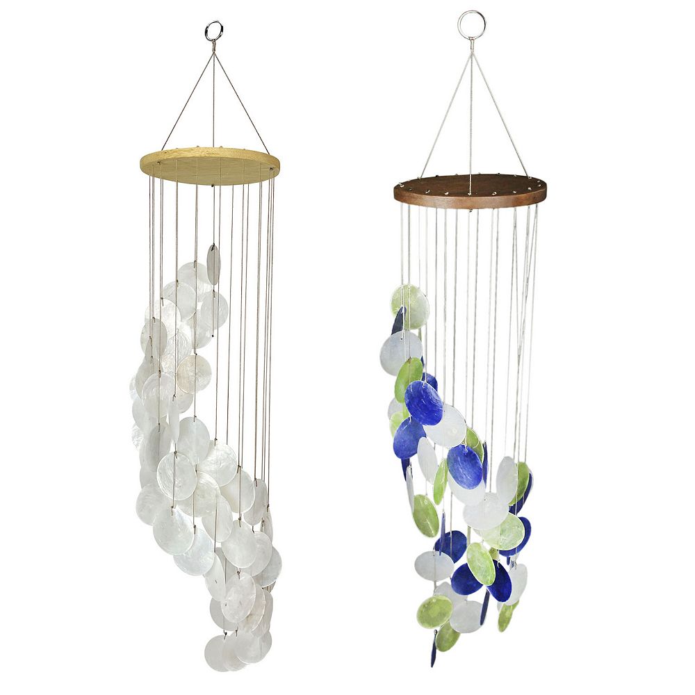 Set of 2 Spiral Capiz Shell Wind Chimes, White & Blue Green, 29 ...