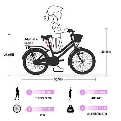 Whisen 20 Inch Girls Bike with Basket for 7-10 Years Old Kids, No ...