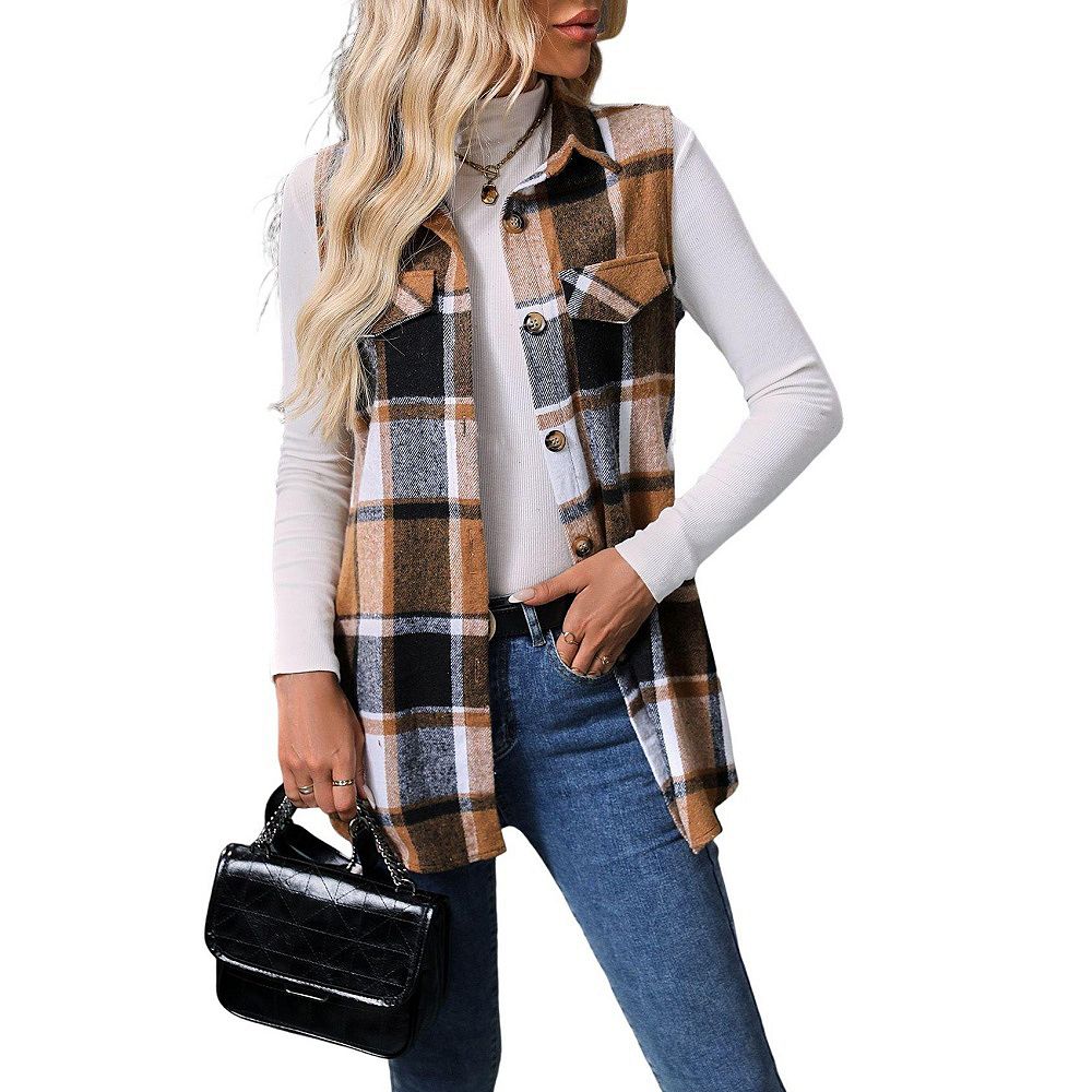Womens Plaid Vest Button Down Sleeveless Lapel Neck Long Vest Tops ...