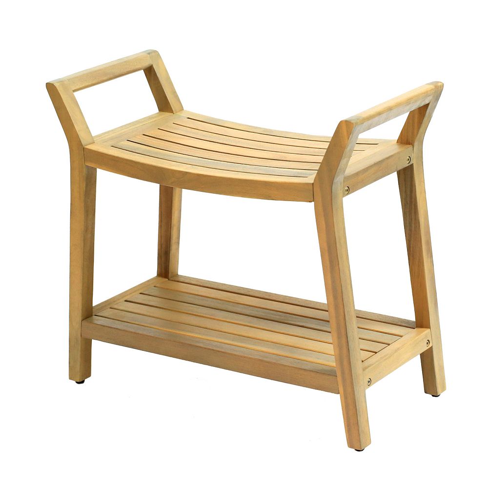 Oakesu Modern Acacia Wood Shower Bench with 2-Tier Storage Shelf, Spa ...