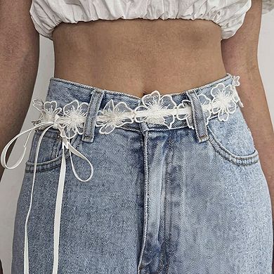 Women's Floral Lace Belt with Ribbon Tie and Delicate Sheer Embroidered ...