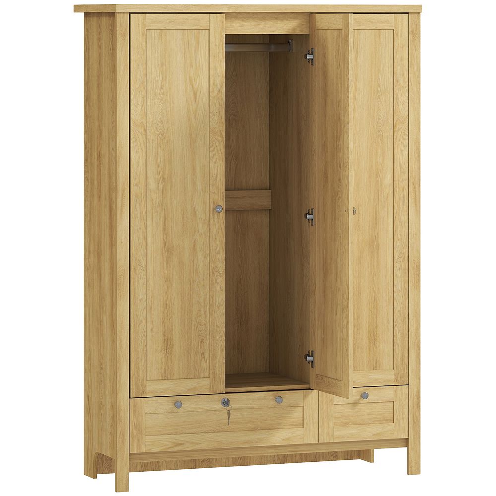 HOMCOM Wardrobe Closet with 3 Doors and 2 Drawers Bedroom Armoire Natural