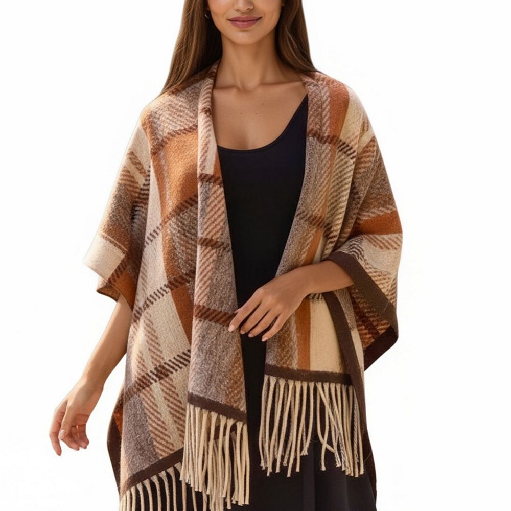Plaid Fringe Shawl Wrap with Soft Woven Texture and Open Front Design ...