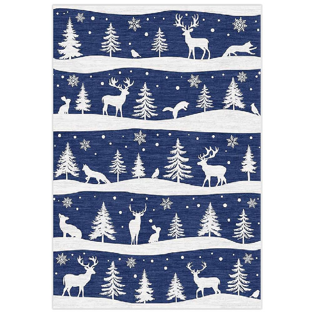 Christmas Rug with Tree & Reindeer Pattern, Non-Slip Low Pile Washable ...