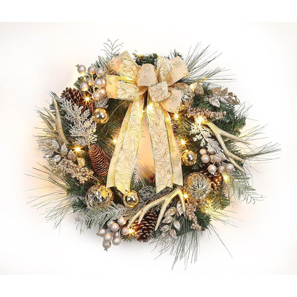 Pre-Lit Battery-Operated Christmas Wreath with Balls, Bows & Antlers in ...
