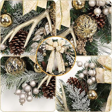 Pre-Lit Battery-Operated Christmas Wreath with Balls, Bows & Antlers in ...