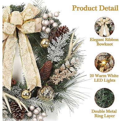 Pre-Lit Battery-Operated Christmas Wreath with Balls, Bows & Antlers in ...