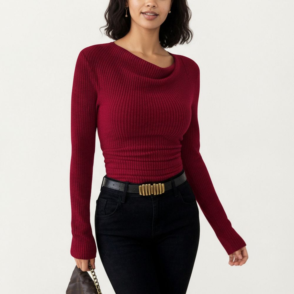 Women's Long Sleeve Ribbed Knit Top with Draped Cowl Neckline