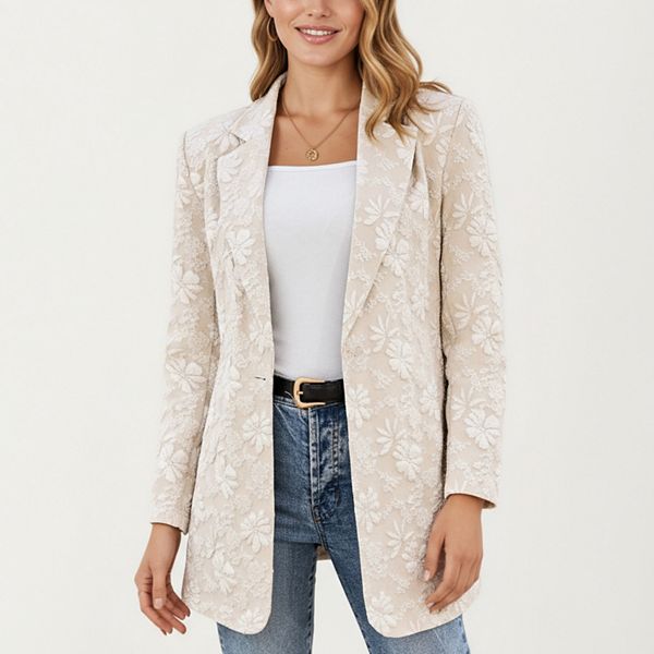 Women's Floral Textured Longline Blazer with Notched Lapel and Open Front