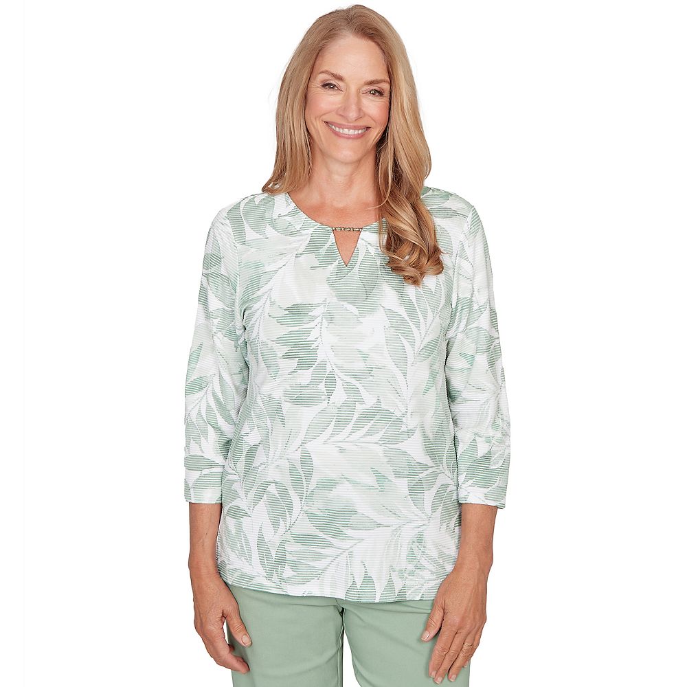 Women's Alfred Dunner Monotone Leaf Print Split-Neck Top