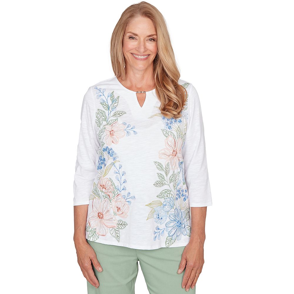 Women's Alfred Dunner Blooming Floral Embroidered Split-Neck Long ...