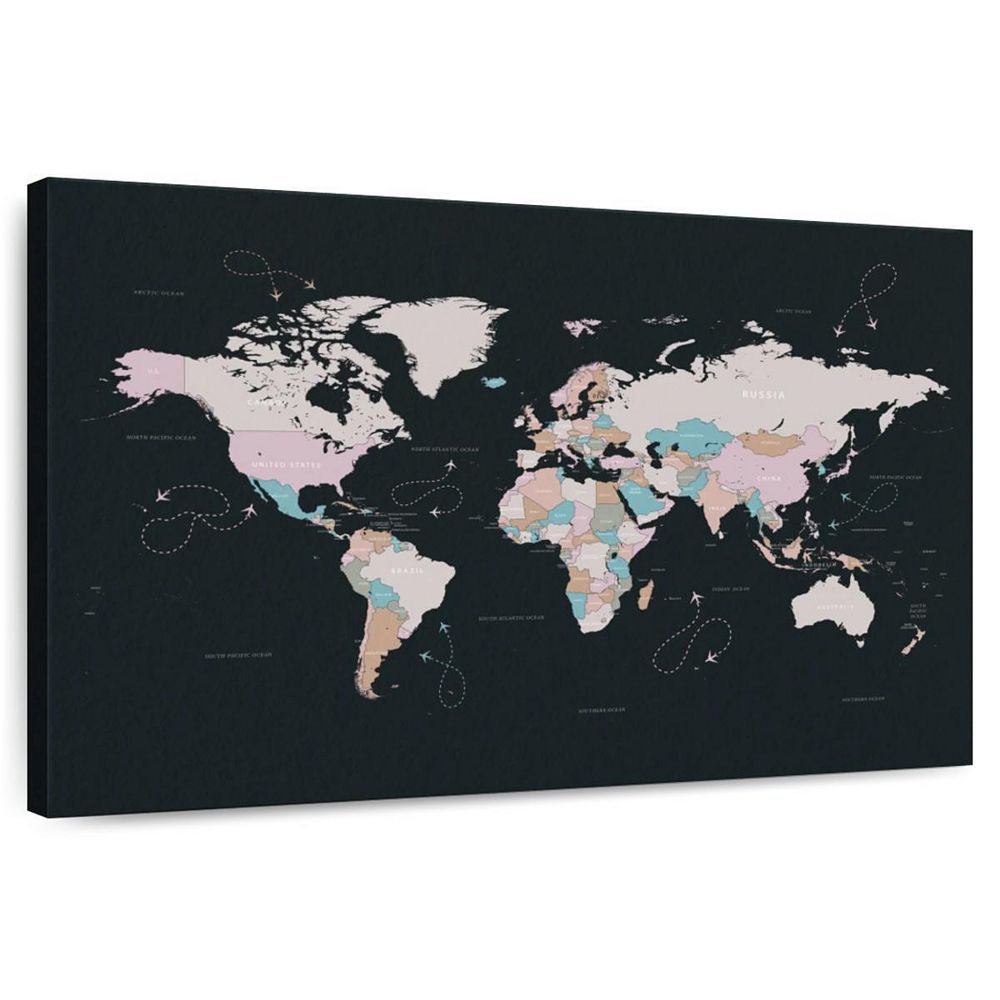Pastel On Black World Map Wall Art