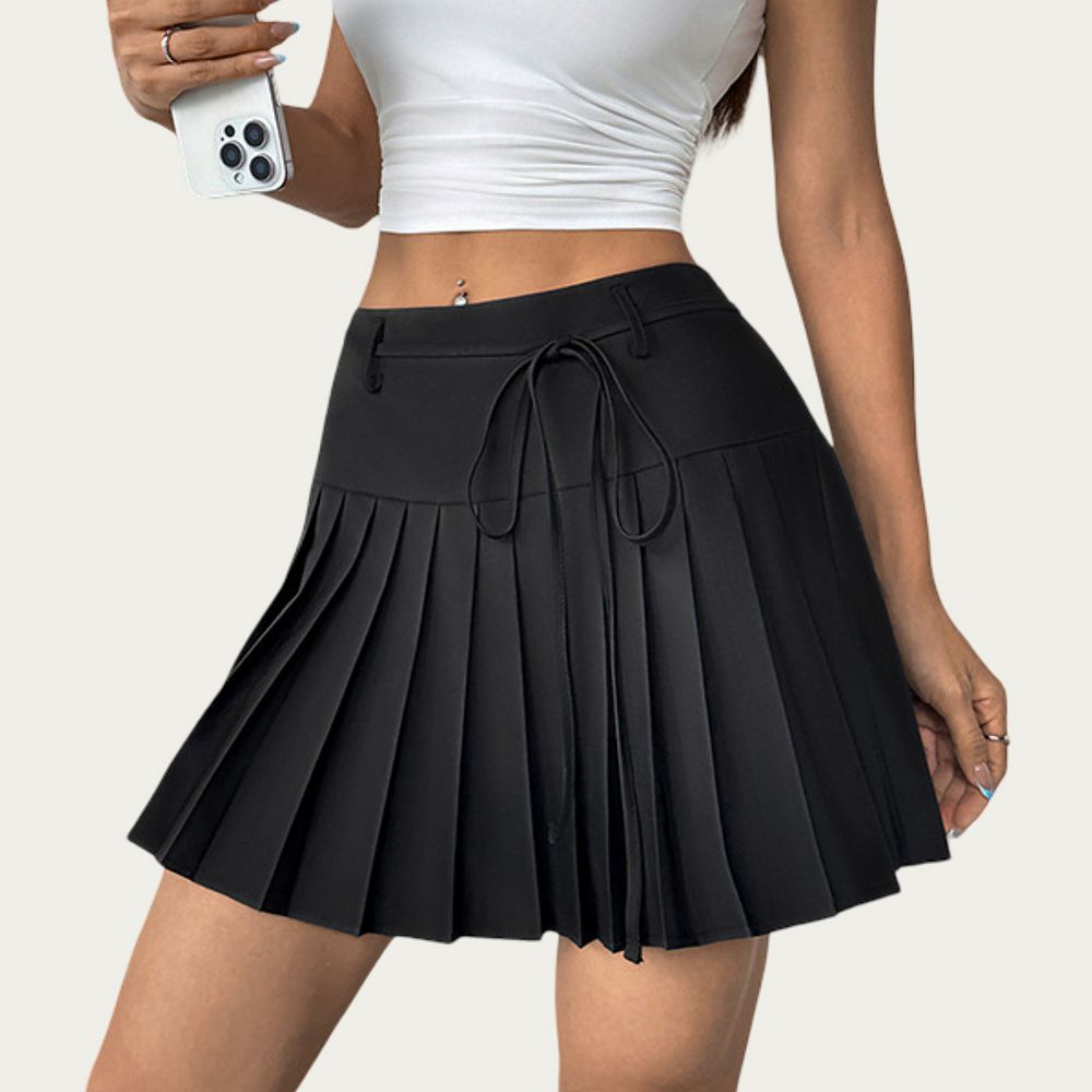 Women’s Pleated Mini Skirt with Structured Waistband Adjustable Tie ...