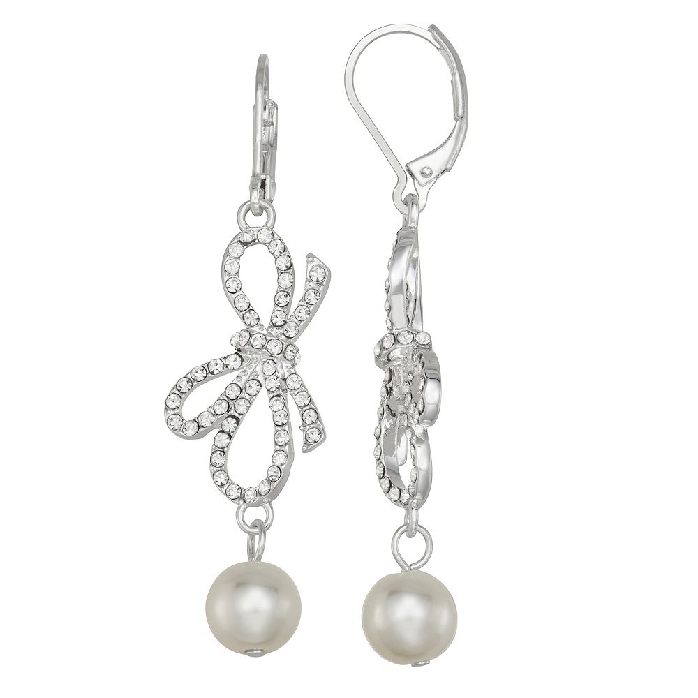You're Invited Simulated Pearl & Simulated Crystal Bow Drop Earrings