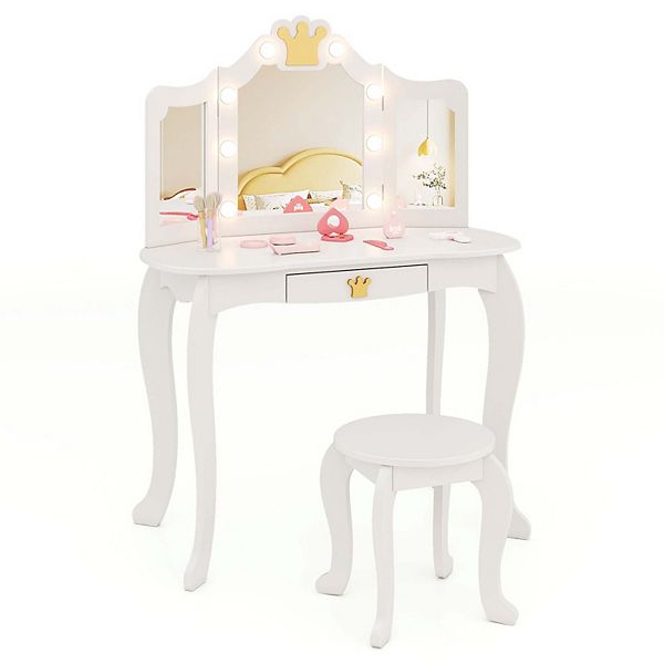 Costway Kids Vanity Set Princess Vanity Table & Chair Set with Lighted ...