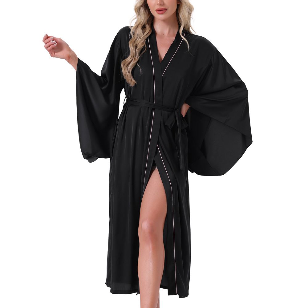 Women's Satin Long Kimono Robe Batwing Sleeve Loungewear Silky Loose ...