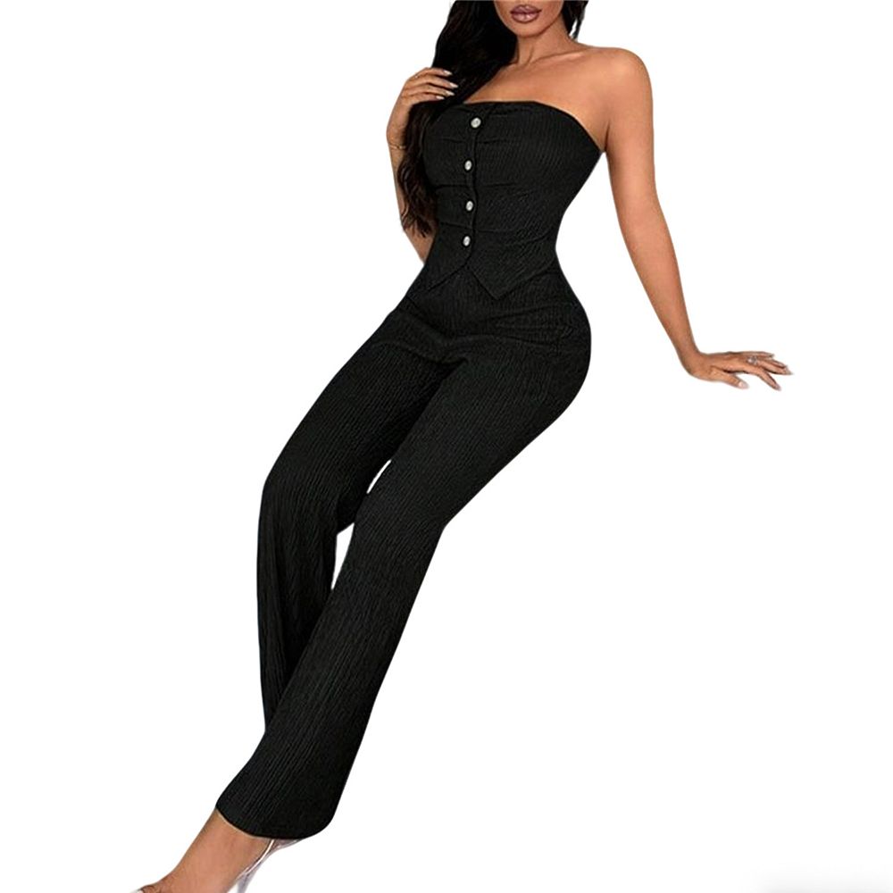Women's Tube Top Two-Piece Set Flared Pants Button Front Casual Party ...
