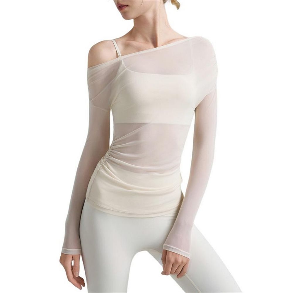 Women's Sheer One-Shoulder Yoga Top Ruched Mesh Long Sleeve Workout ...