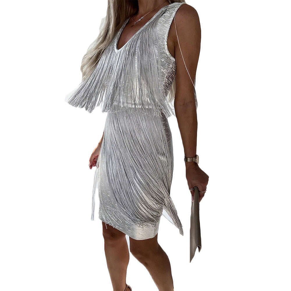 Women's Bodycon V-Neck Fringe Party Dress Sleeveless Mini Dress ...