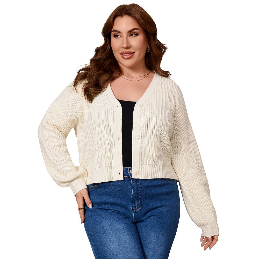 Women's Plus Size Cropped Cardigan V-Neck Button-Down Knit Sweater Long ...