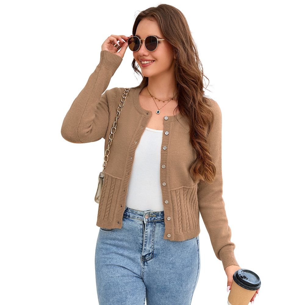 Women's Short Cable Knit Cardigan Round Neck Button Front Sweater for ...
