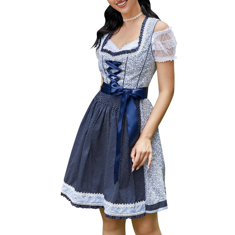 Women's 3-Piece Floral Beer Maiden Set: Lace Trim Dirndl Ruffle Hem ...