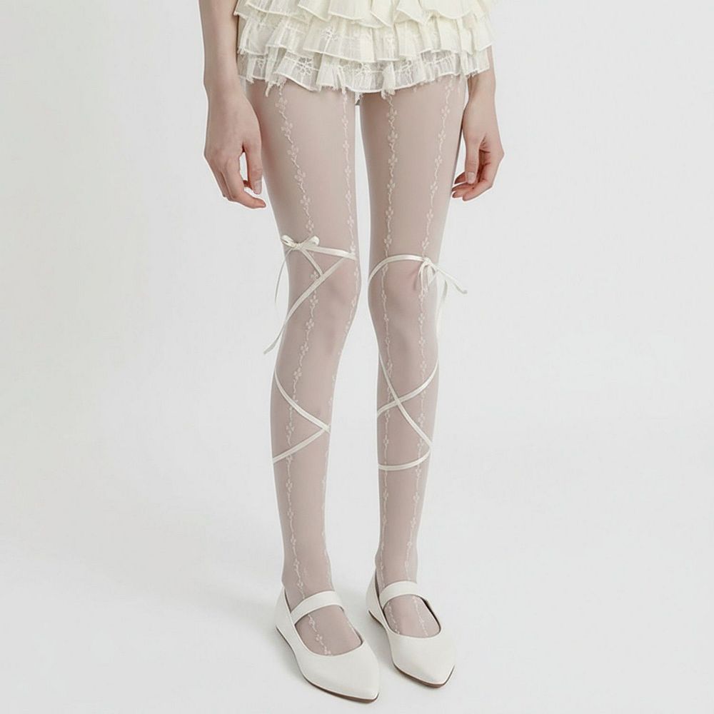 Women's Sheer Lace Pattern Tights with Ribbon Bow Wrap Detail and ...