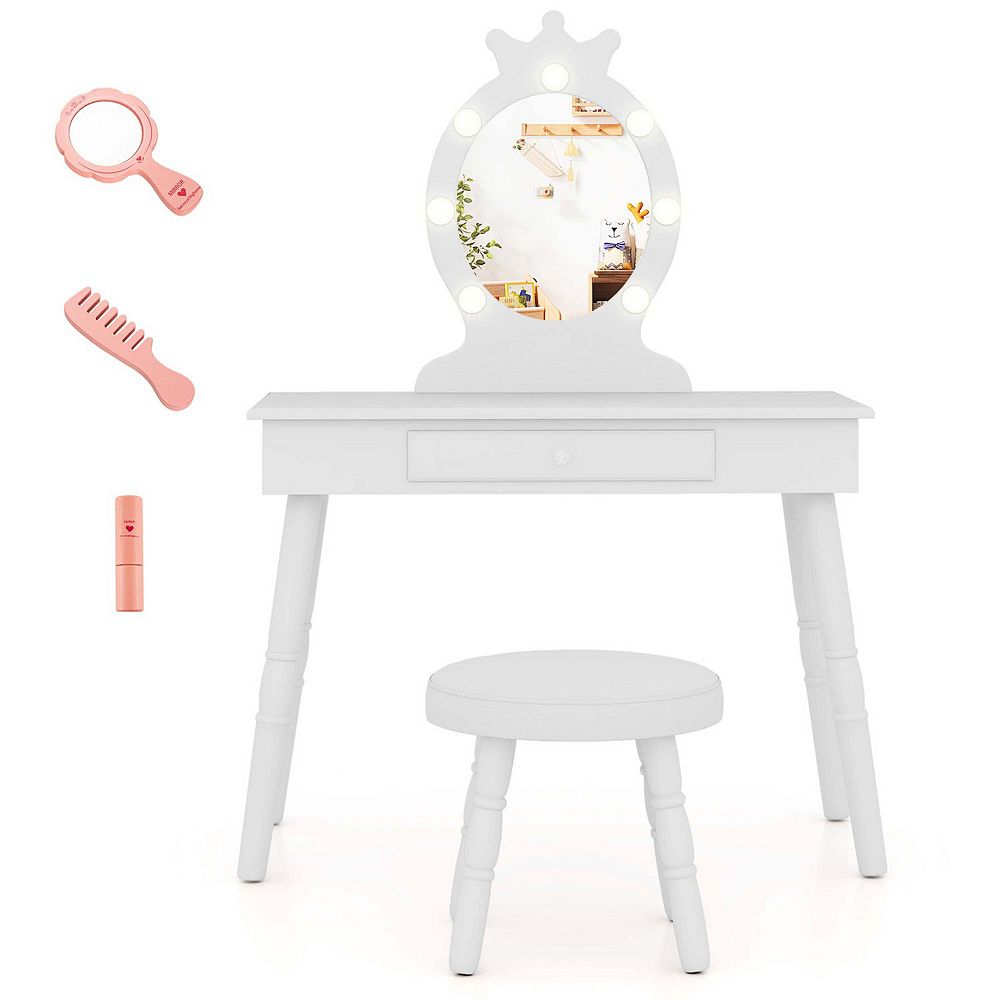 Costway Kids Vanity Set Princess Vanity Table & Chair Set with Lighted ...