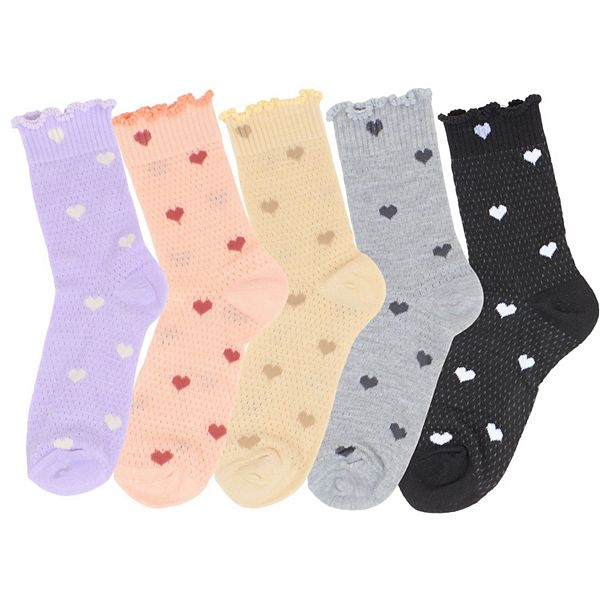 Women's 5-Pair Set Frilly Crew Socks with Heart Pattern and Ruffle Trim ...