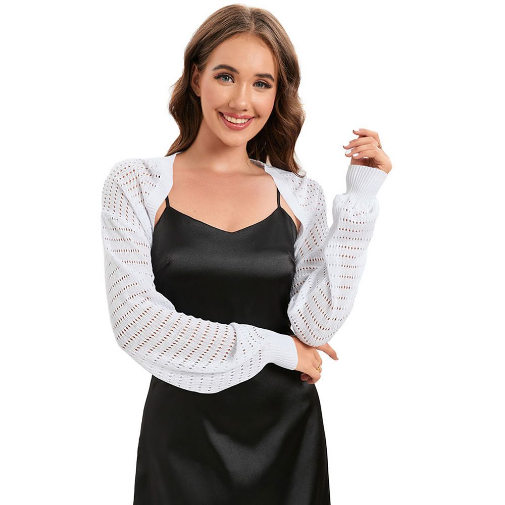 Women's Open Front Ribbed Knit Pointelle Bolero Shrug Sweater Long ...