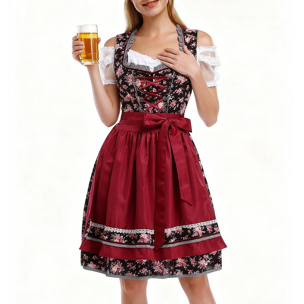 Women's 3-Piece Floral Beer Maiden Set: Lace Trim Dirndl + Embroidered ...