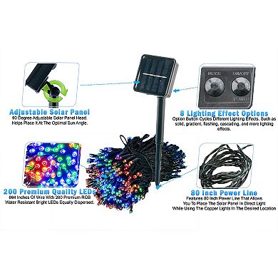 Solar RGB Christmas String Lights 200 LEDs 8 Modes Weatherproof 64ft ...