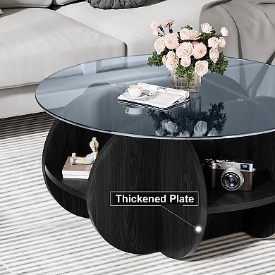 31.5 "Round Coffee Table, Tempered Glass Countertop, MDF Frame, 2-Tier ...