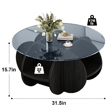 31.5 "Round Coffee Table, Tempered Glass Countertop, MDF Frame, 2-Tier ...